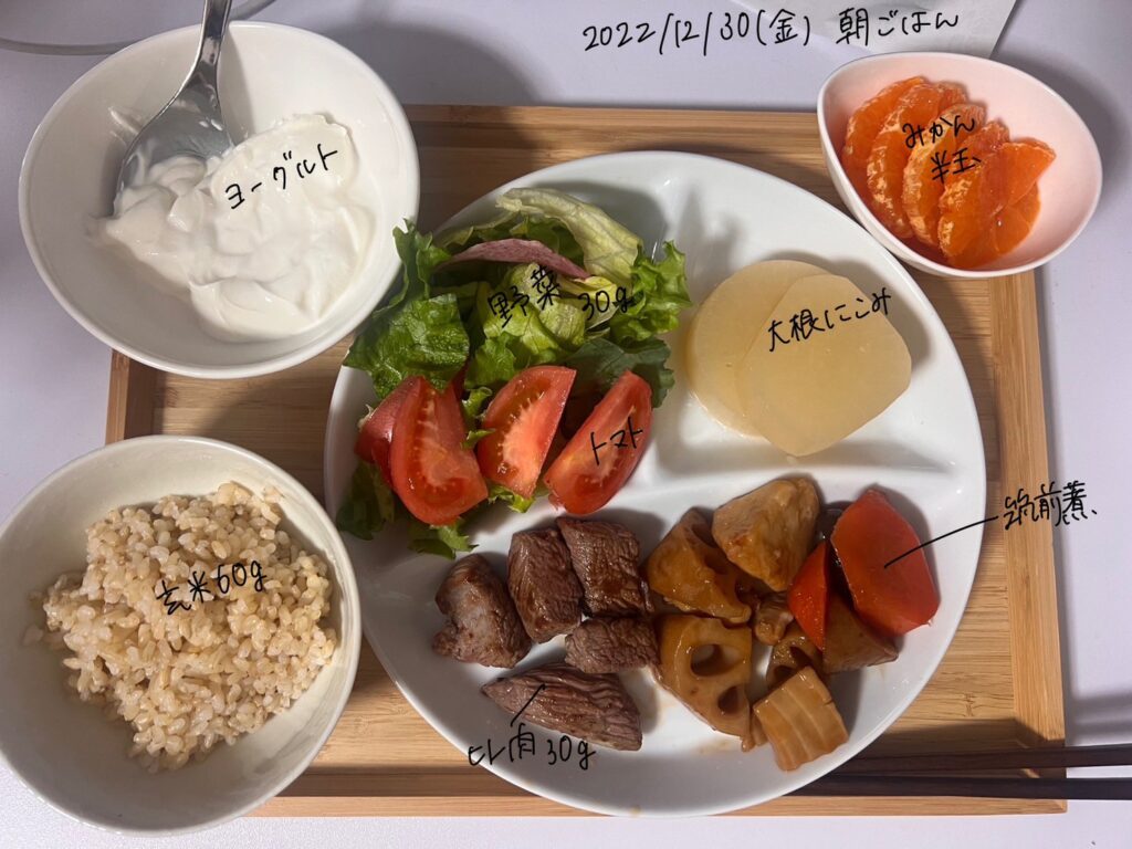 ダイエットボディメイク朝ごはん例(筑前煮、ヒレ肉、大根にこみ、トマトサラダ、玄米ご飯、ヨーグルト、みかん)|福岡のパーソナルジムブログ「ダイエットは明日から」